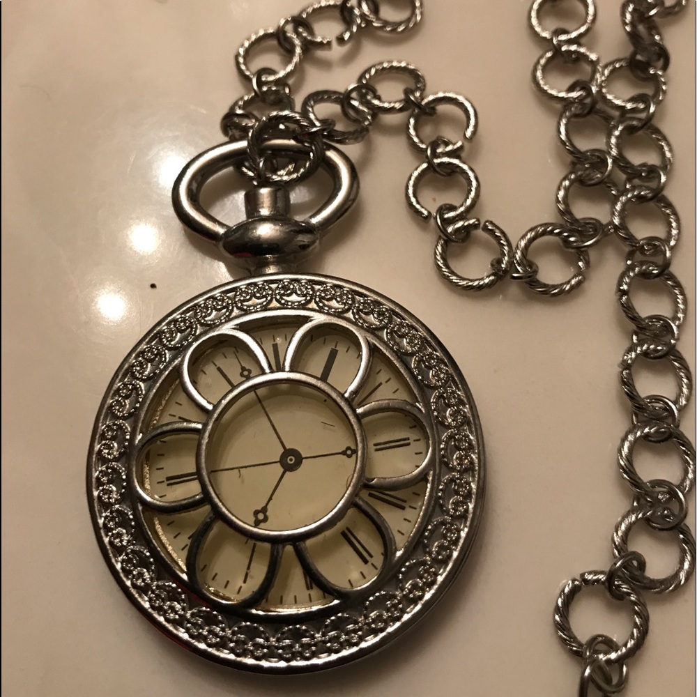 Antique Silver Toned Mock Stop Watch Necklace - Gem